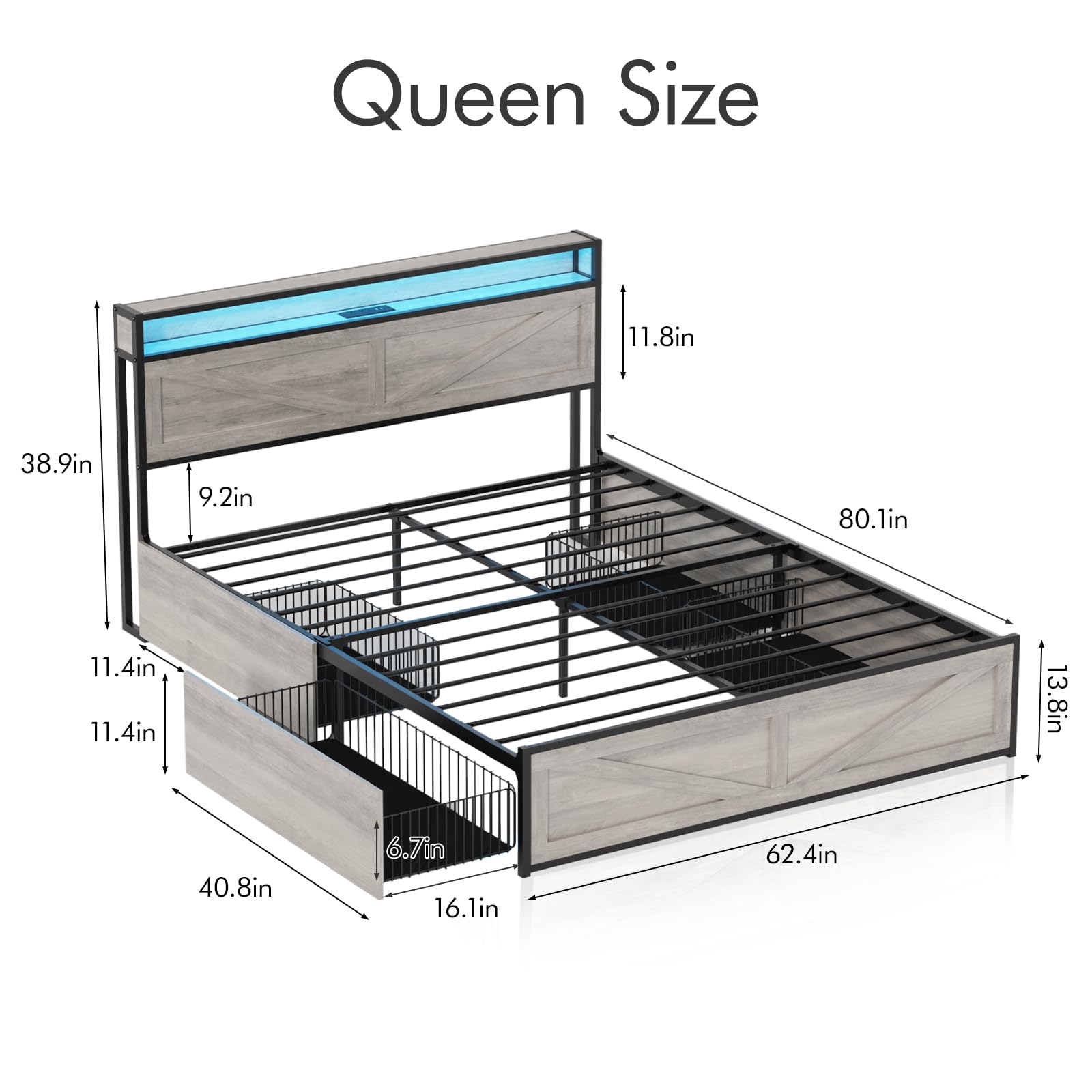 Halitaa LED Queen Size Bed Frame with Charging Station & 4 Drawers, Platform Metal Bed Frame with Headboard USB Ports Outlets, Farmhouse Bed Frame with LED Lights, Noise Free, Wash Grey (Queen)
