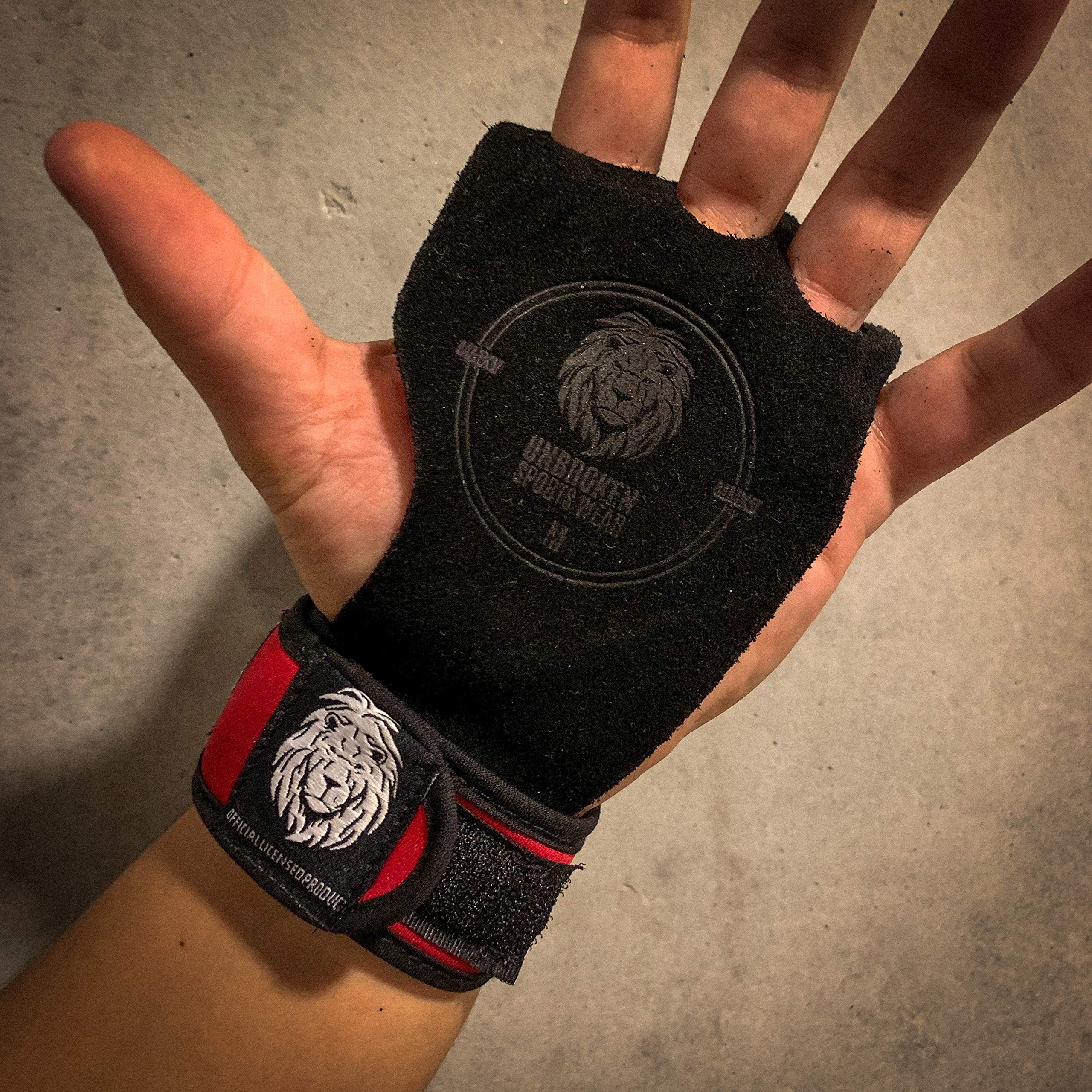 Gymnastics Grips - Hand Wrist Lift Gloves perfect for WOD, pullups, Weight Lifting, Chin ups, Training, Exercise, Kettlebell. Protects Palms! Black Suede Leather + Neoprene Wrist support (Red, Large)