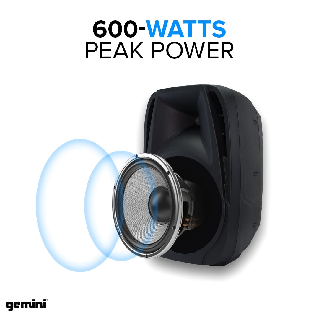 Gemini Sound Professional PA System - Dual 10" Speakers with 600W Amp, Bluetooth, Mixer, USB/SD, Durable Design, Includes 2 Speaker Stands for DJs, Musicians