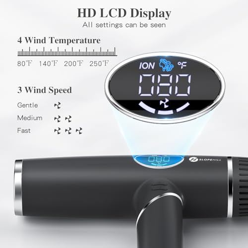 Slopehill Foldable Professional Ionic Hair Dryer, 2000W Portable Blow Dryer with Magnetic Diffuser Attachment for Curly Hair, 110,000 RPM Hair Dryer for Travel Salon, LCD Display/AUTO Clean
