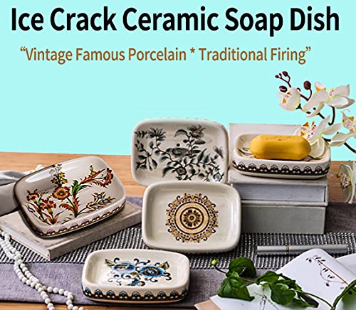 Kelake Ceramic Soap Dish, Ice Crack Ceramic Peacock and Flower Soap Dish Holder for Bathroom, Creative Porcelain Shower Soap Tray Box Bath Accessories with Two Drain Holes