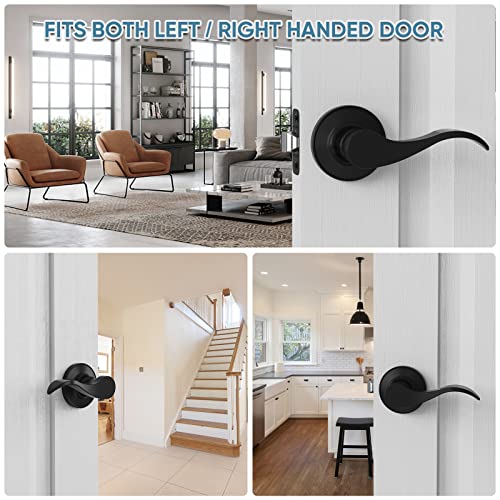 TICONN Black Door Handle, Traditional Wave Style Matte Black Reversible Door Lever for Interior Doors and Closet (Passage, 1-Pack)