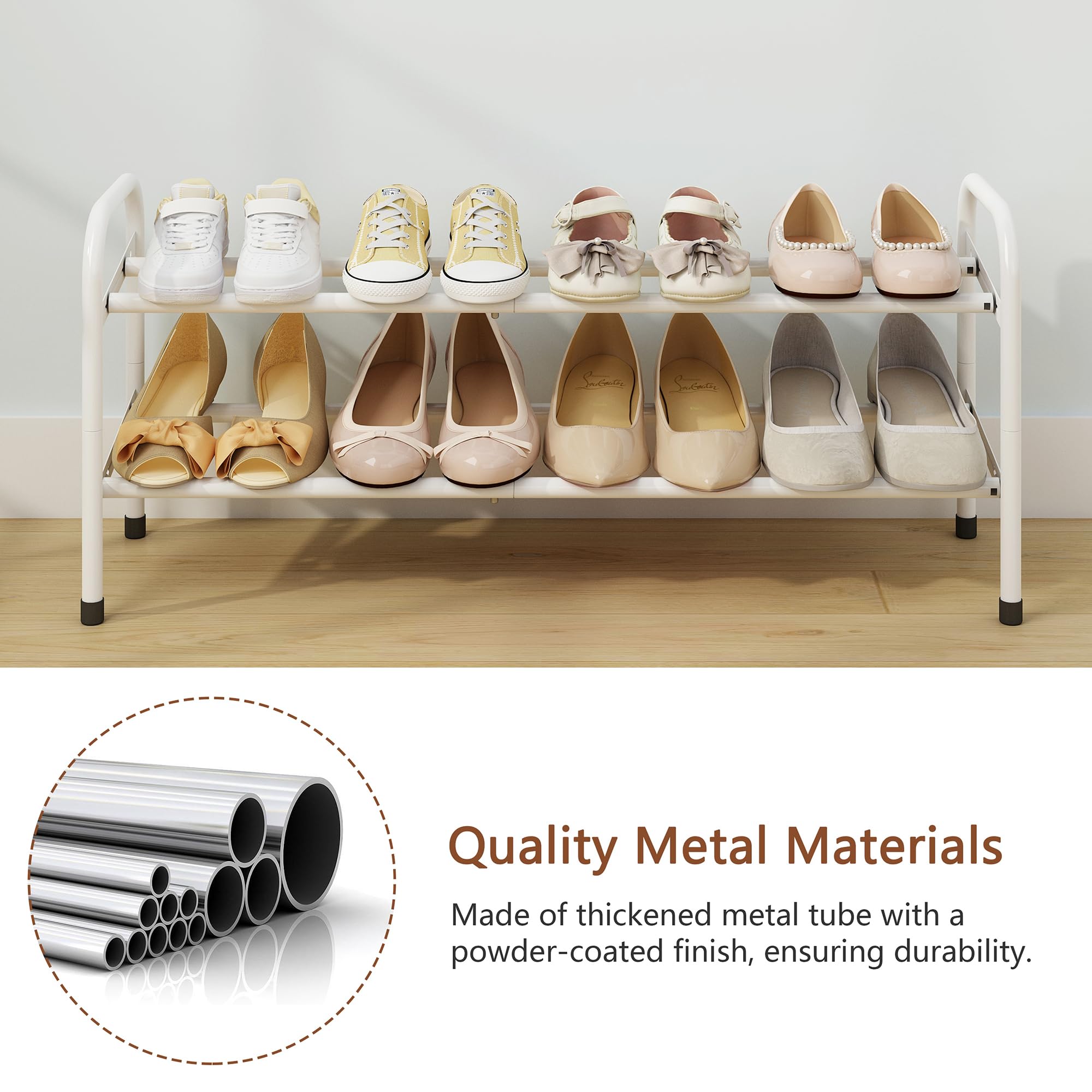 Gewudraw 2-Tier Shoe Rack Expandable, Width Adjustable Shoe Shelf Storage Organizer, 41.53'' Metal Standing Shoe Rack for Bedroom Entryway Closet, Holds up to 12 Pairs Shoes, White