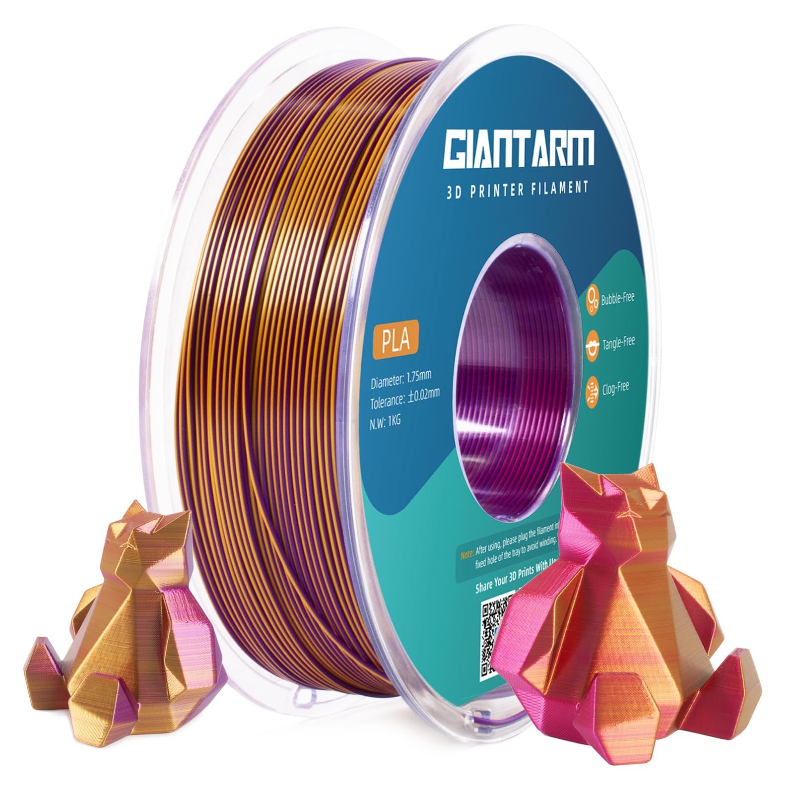 GIANTARM Tri-Colors Silk Pla Filament, 3D Printer Filament 1.75mm +/-0.02mm, 1Kg (2.2lbs) Spool, Vacuum Packaging(Red+Gold+Purple)