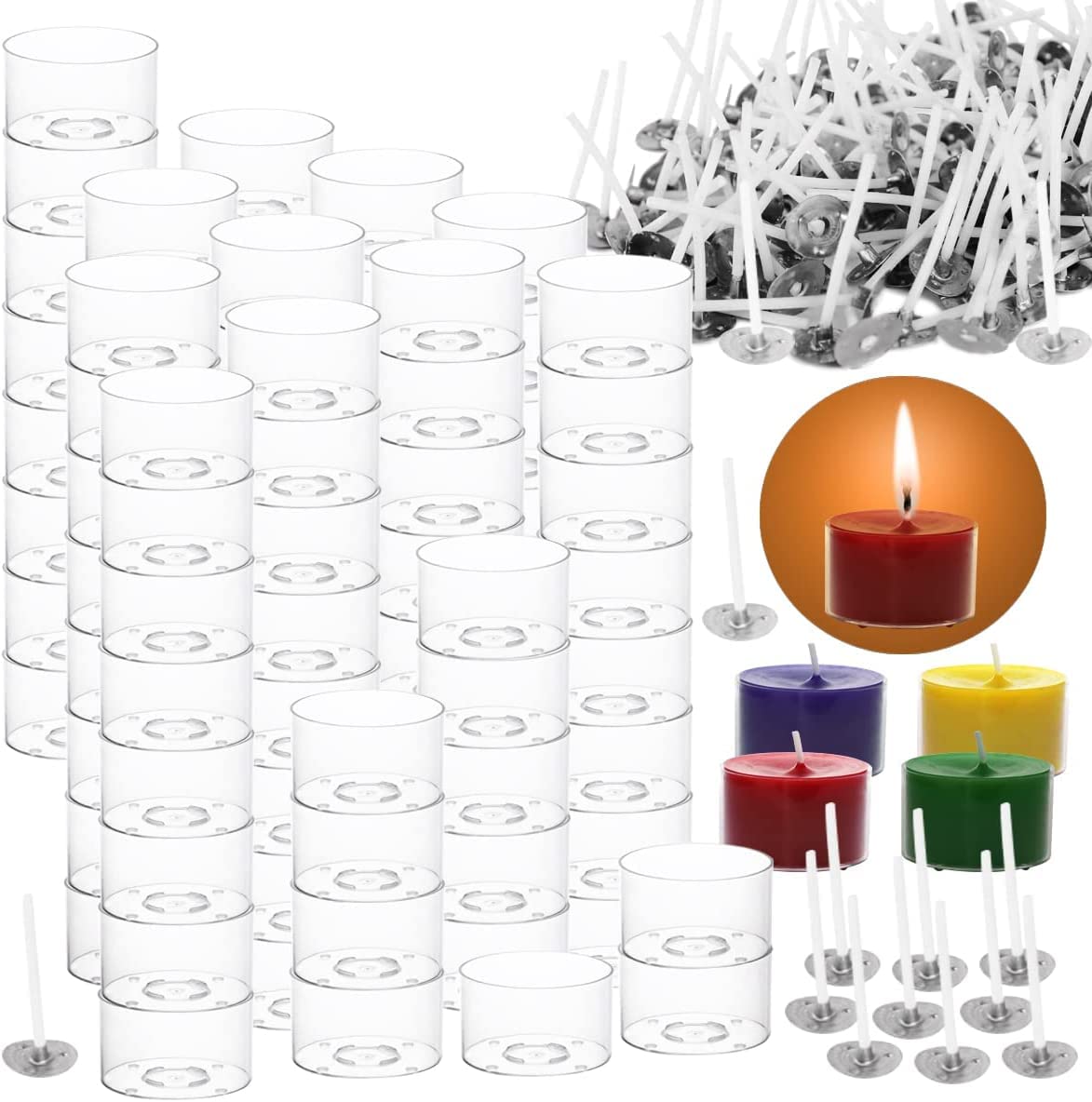 Grcdoyvl 100 pcs Tea Light Candle Cups-Plastic Clear Candle Making kit -100 pcs Candle Wick - Candle Wax Jars molds for DIY Candle Making Supplies