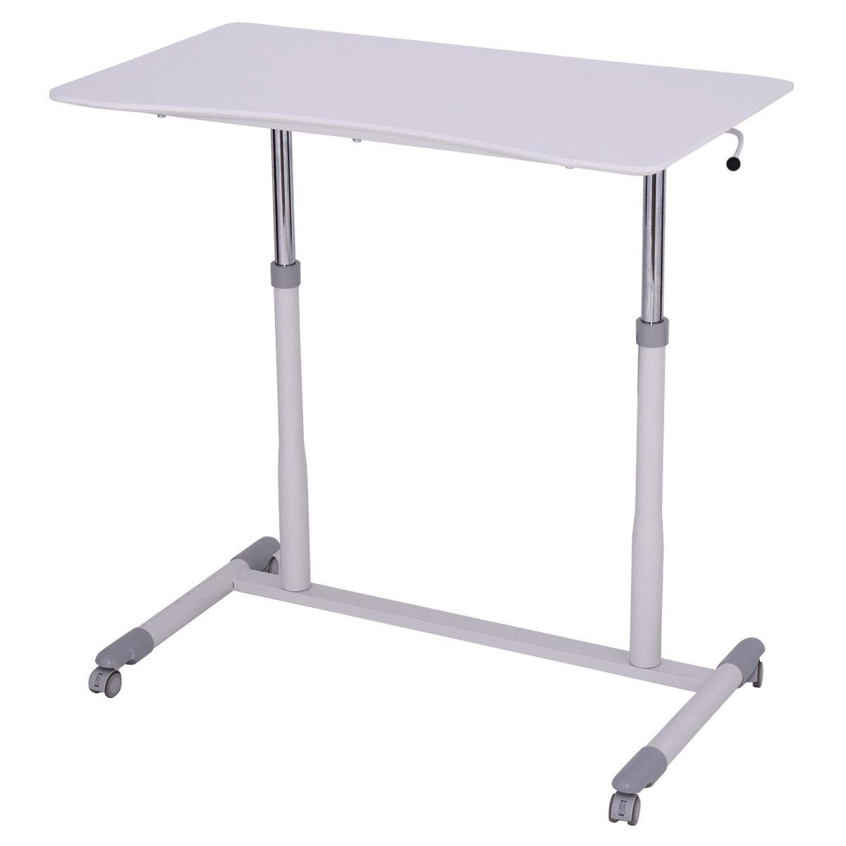 Home Office Bedroom Dorm Living Room Modern Furniture Decor Height Adjusting Compact Computer End Side Table Ergonomic Practical Sit to Stand Rolling Desk Sturdy White Wood Steel Tube Multipurpose