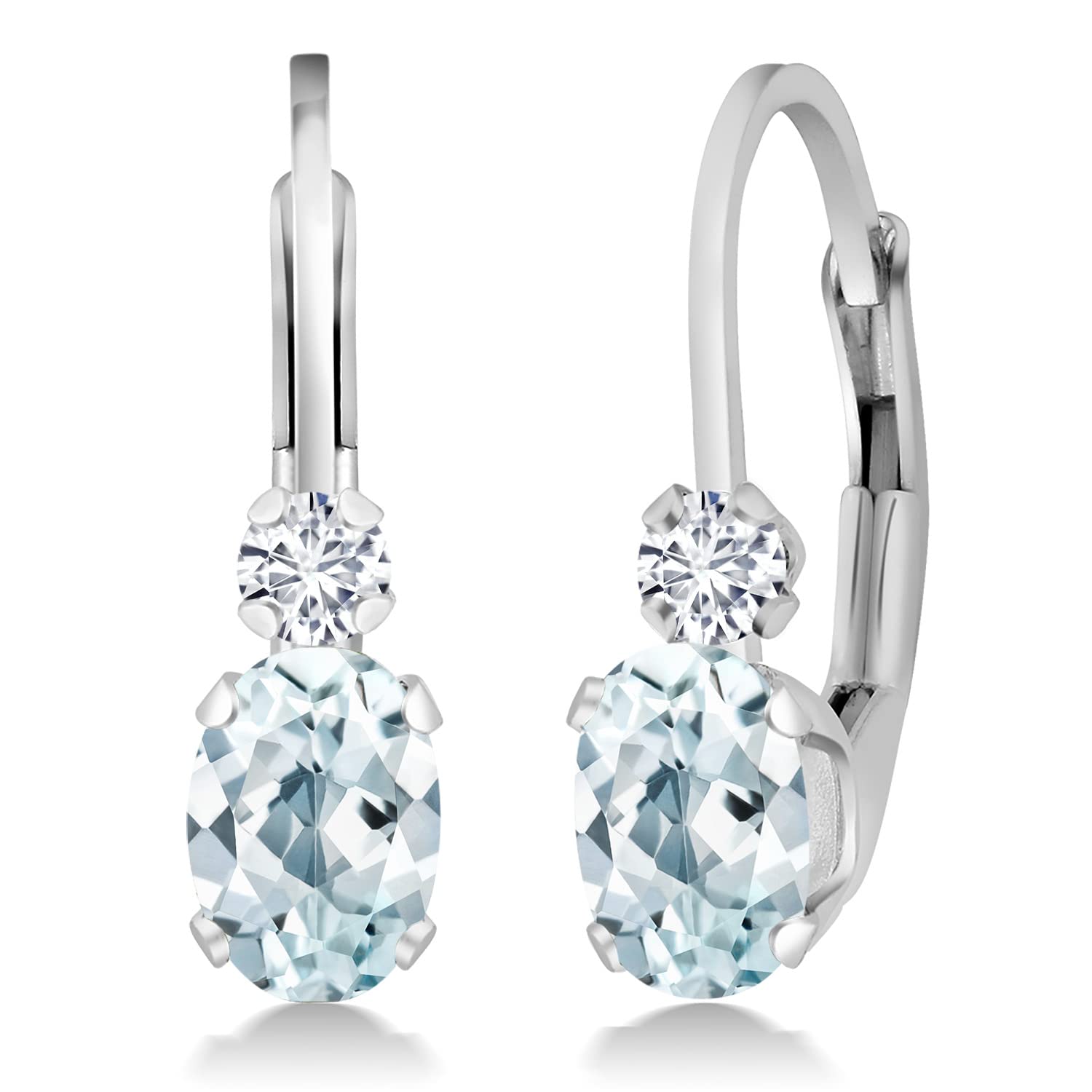 Gem Stone King 925 Sterling Silver Sky Blue Aquamarine & White Diamond Leverback Earrings For Women (1.07 Cttw, Gemstone Birthstone, Oval 6X4MM, Round 2MM, 3/4 Inch)