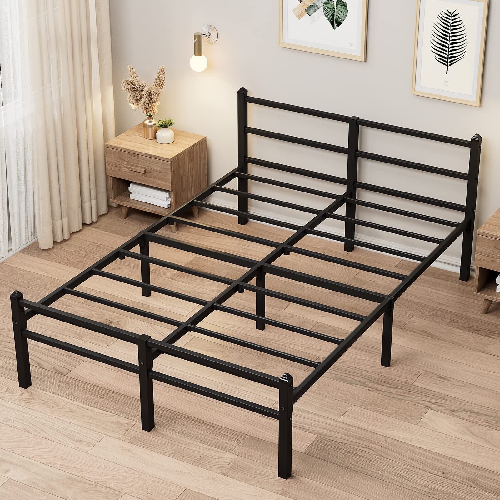 GreenForest Queen Bed Frame with Headboard Easy Assemble, 14 inch Heavy Duty Metal Platform Queen Size Bed Base with Storage No Box Spring Needed Mattress Foundation, Noise Free, Black