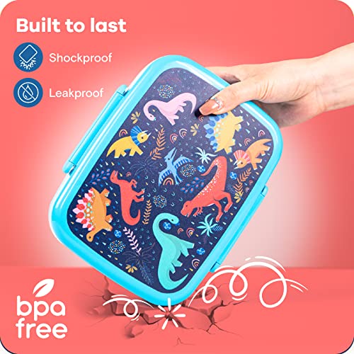 RUVALINO Bento Lunch Box for Kids, 5-Compartment Bento-Style Kids Lunch Box with Utensils, Leak-Proof, Dishwasher Safe, Pre-School Kid Daycare Lunches Snack Container for Ages 5 and up, Dinosaur