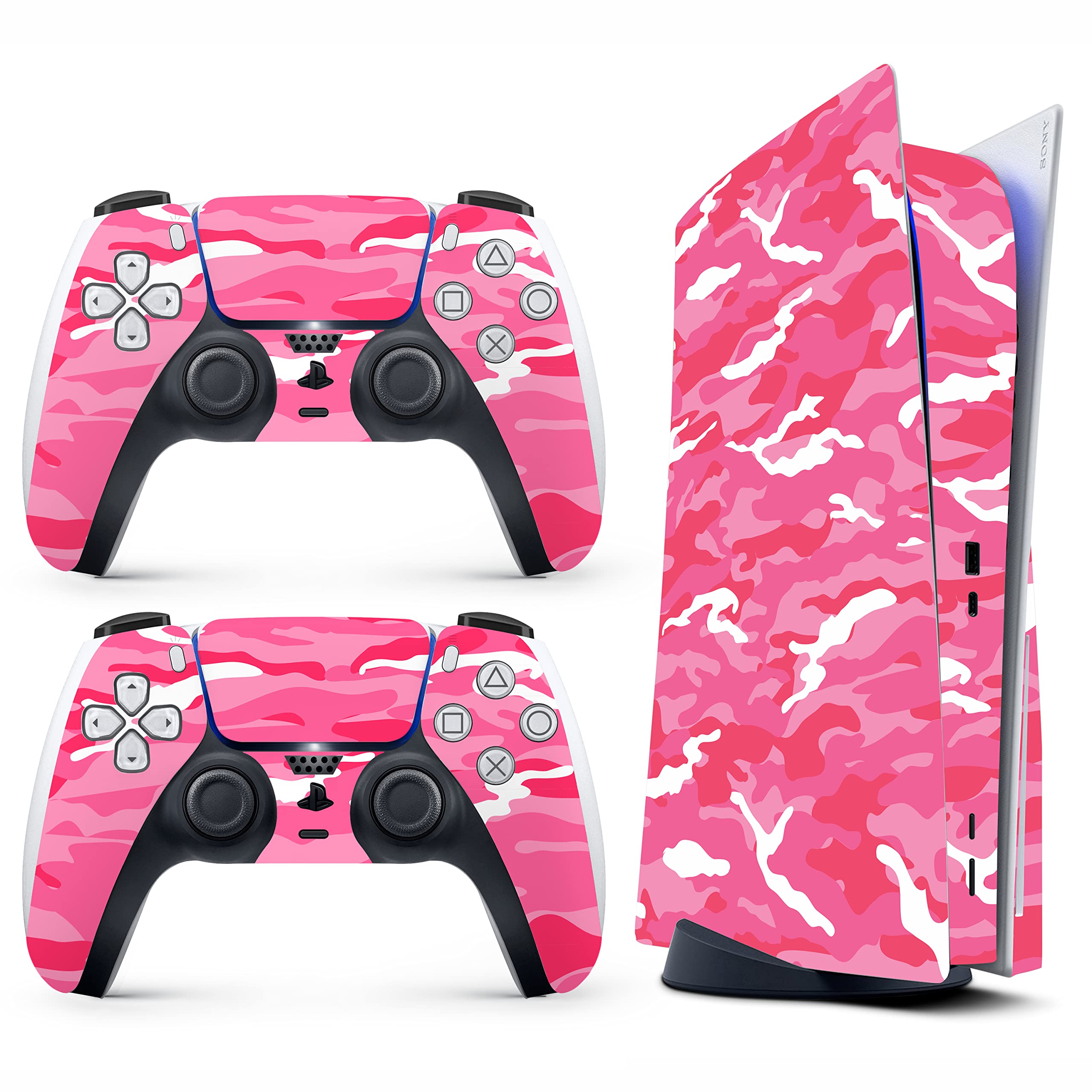 HK Studio Pink Camo Decal Sticker Skin Specific Cover for PS5 Disc Edition - Waterproof, No Bubble, Including 2 Controller Skins and Console Skin