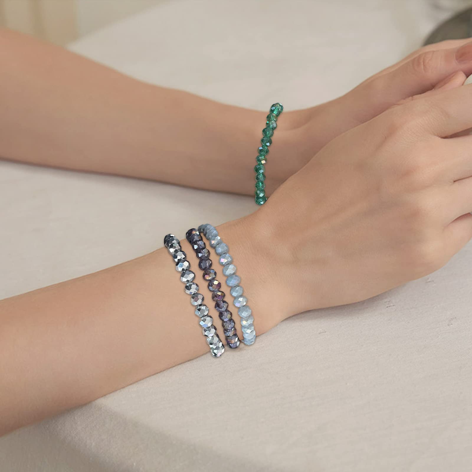 JEWPARK 17Pcs Beaded Bohemian Bracelet for Women Stacking Crystal Beads Bracelets Faceted Glass Beads Bracelets Sparkly Versatile Stretch Cuff Bangle Set 4x6mm
