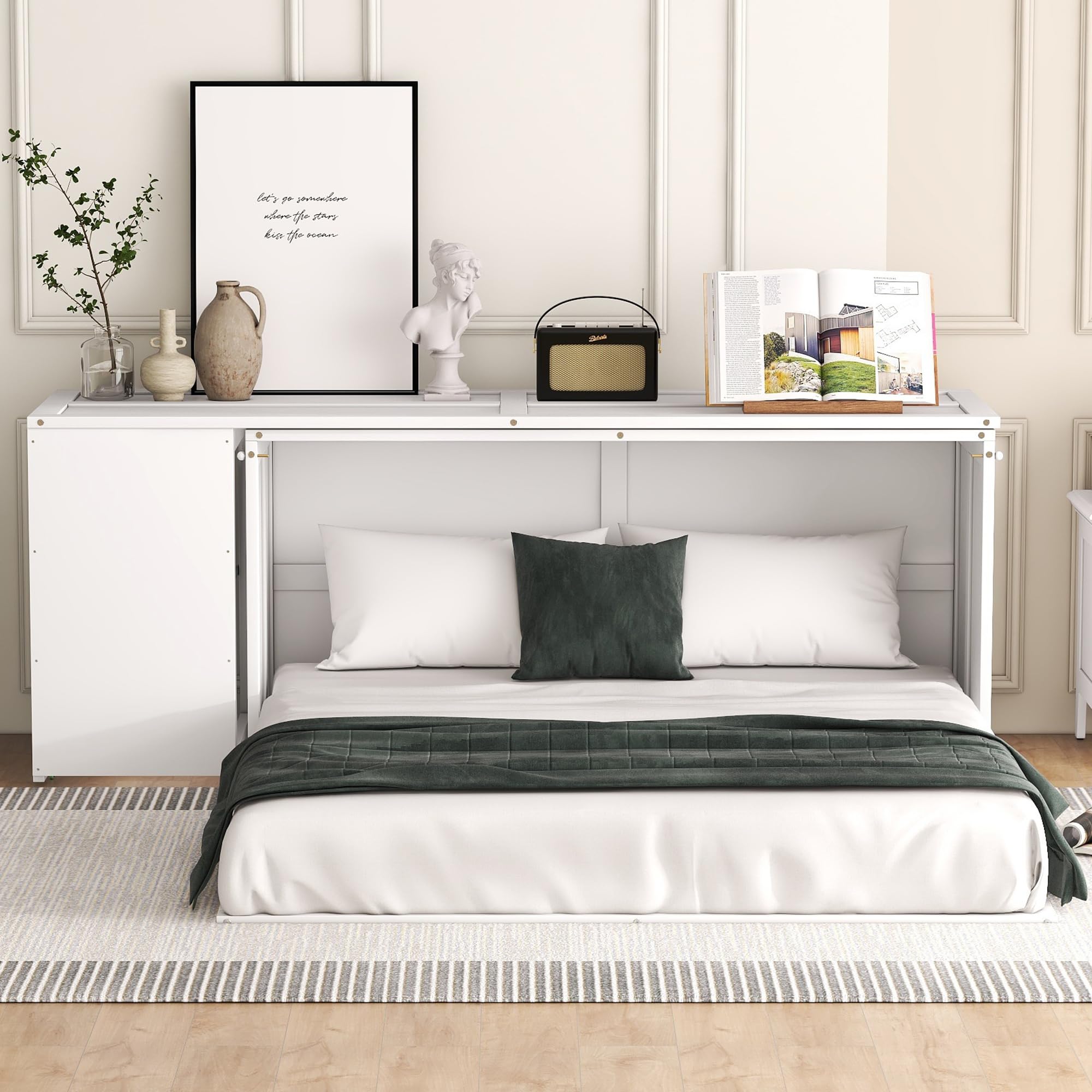 GINGVAT Queen Size Cube Cabinet Murphy Bed with Rotatable Desk and Storage Shelves, Space-saving Design, for Multipurpose Guest Room,Home Office, White