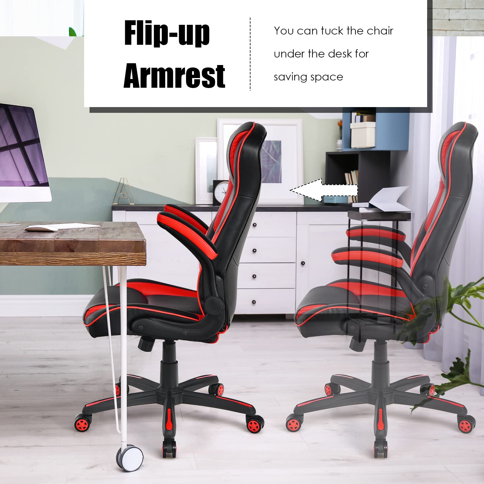 Giantex Racing Style Computer Gaming Chair, High Back Video Game Chair with PVC & PU Leather Seat, Rocking Backrest, Ergonomic Swivel Computer Chair, Home Office Executive Task Chair (Red)