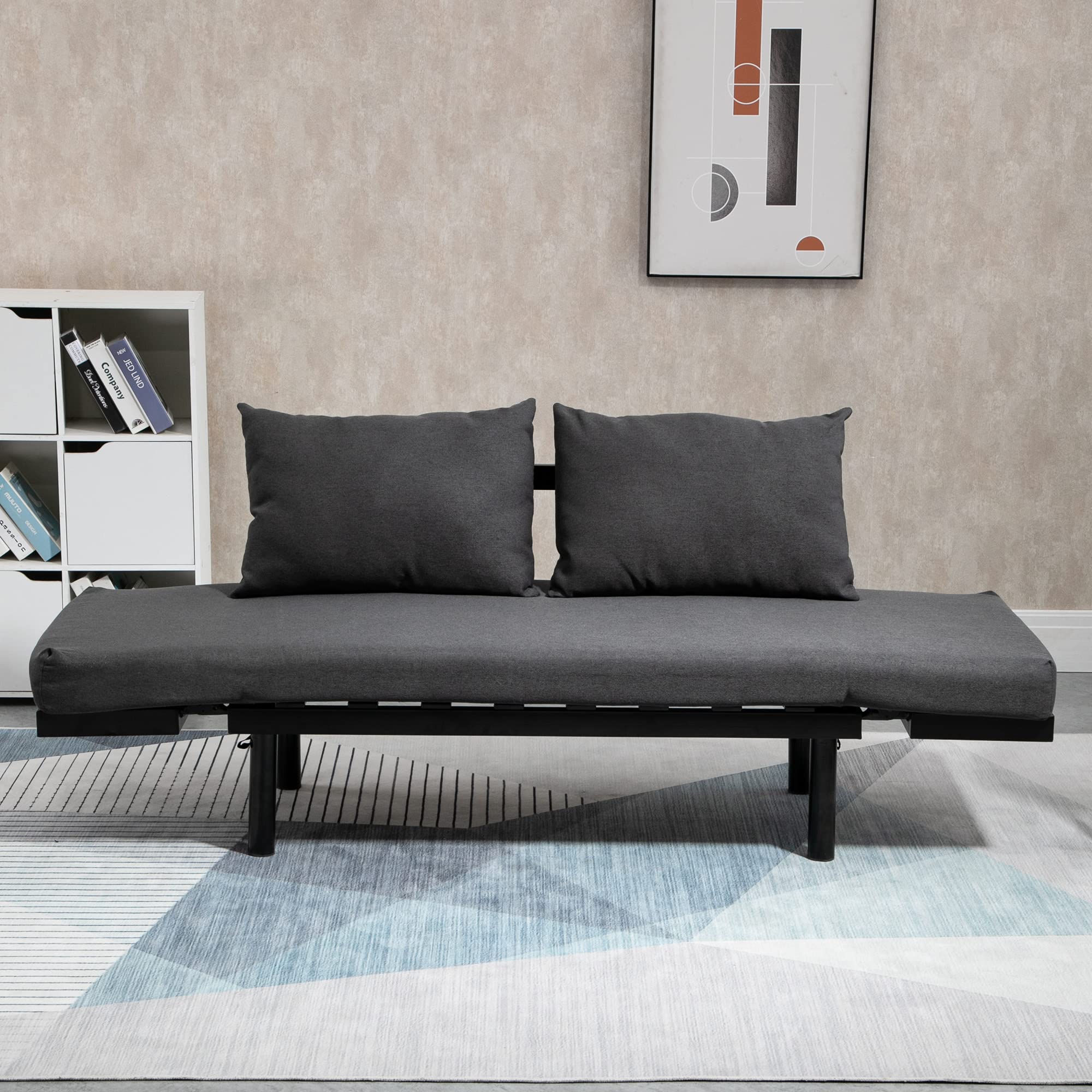 HOMCOM Single Person Chaise Lounger, Modern Sofa Bed with 5 Adjustable Positions, 2 Large Pillows, and Birch Legs, Charcoal Grey