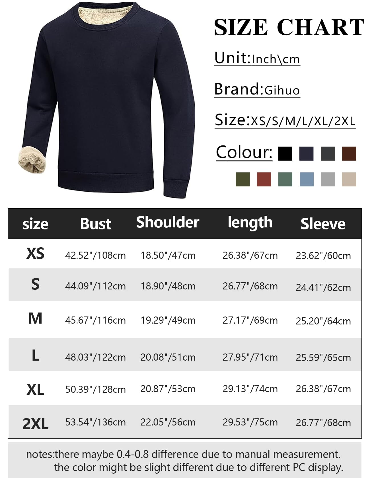 Gihuo Men's Warm Crewneck Sweatshirt Winter Sherpa Lined Fleece Sweatshirt Athletic Pullover Tops Loungewear (Navy, S)