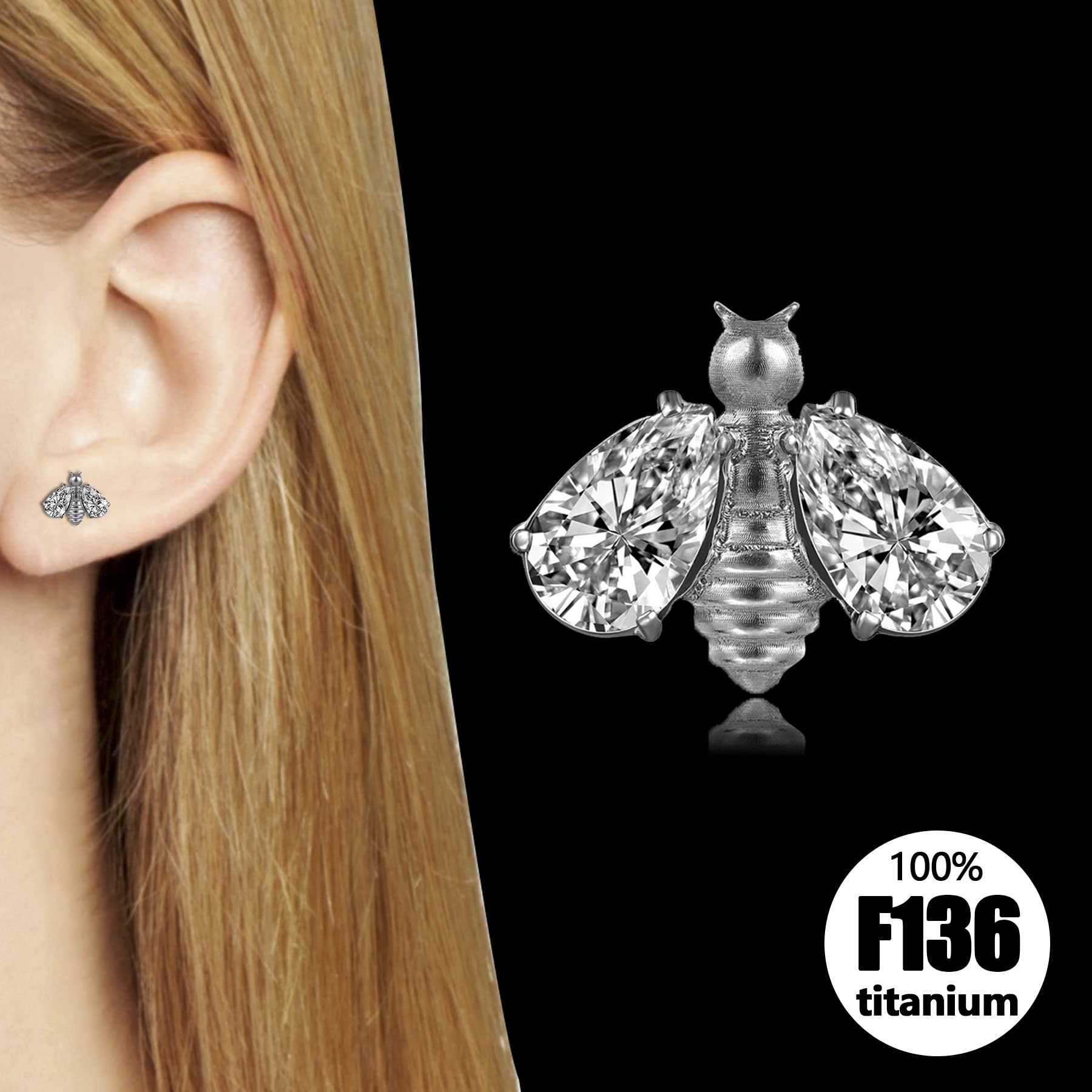 Ju7cer 16G Cartilage Earring Stud F136 Titanium Clear Bee Earrings for Conch Tragus Helix, Internally Threaded Flatback Earrings for Women Labret Piercing Jewelry