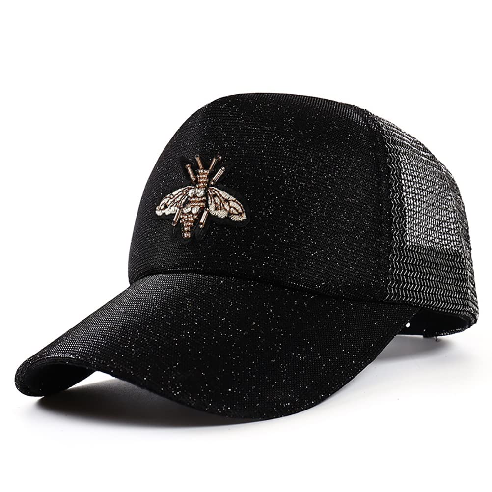 Gudessly Adjustable Breathable Rhinestone Baseball Cap for Women Bling Sequins Casual Sports Cap (T-Mesh Black)