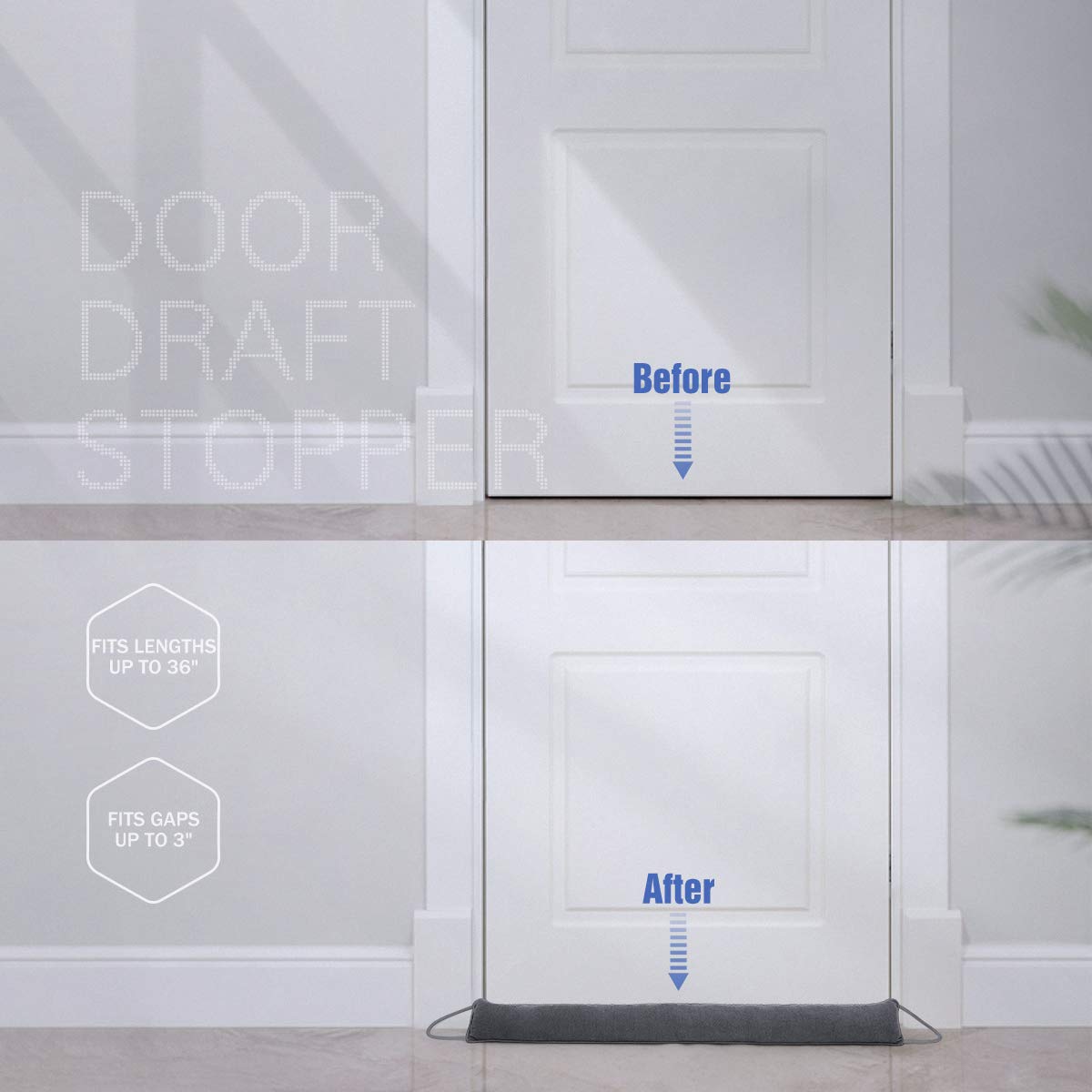 Tuffen Door Draft Stopper 37β, Weighted Under Door Noise Air Blocker, Heavy Duty Sound Proof Draft Guard Door Gap Blocker with Hook Tape for Doors and Windows, 2.3lbs (Grey)