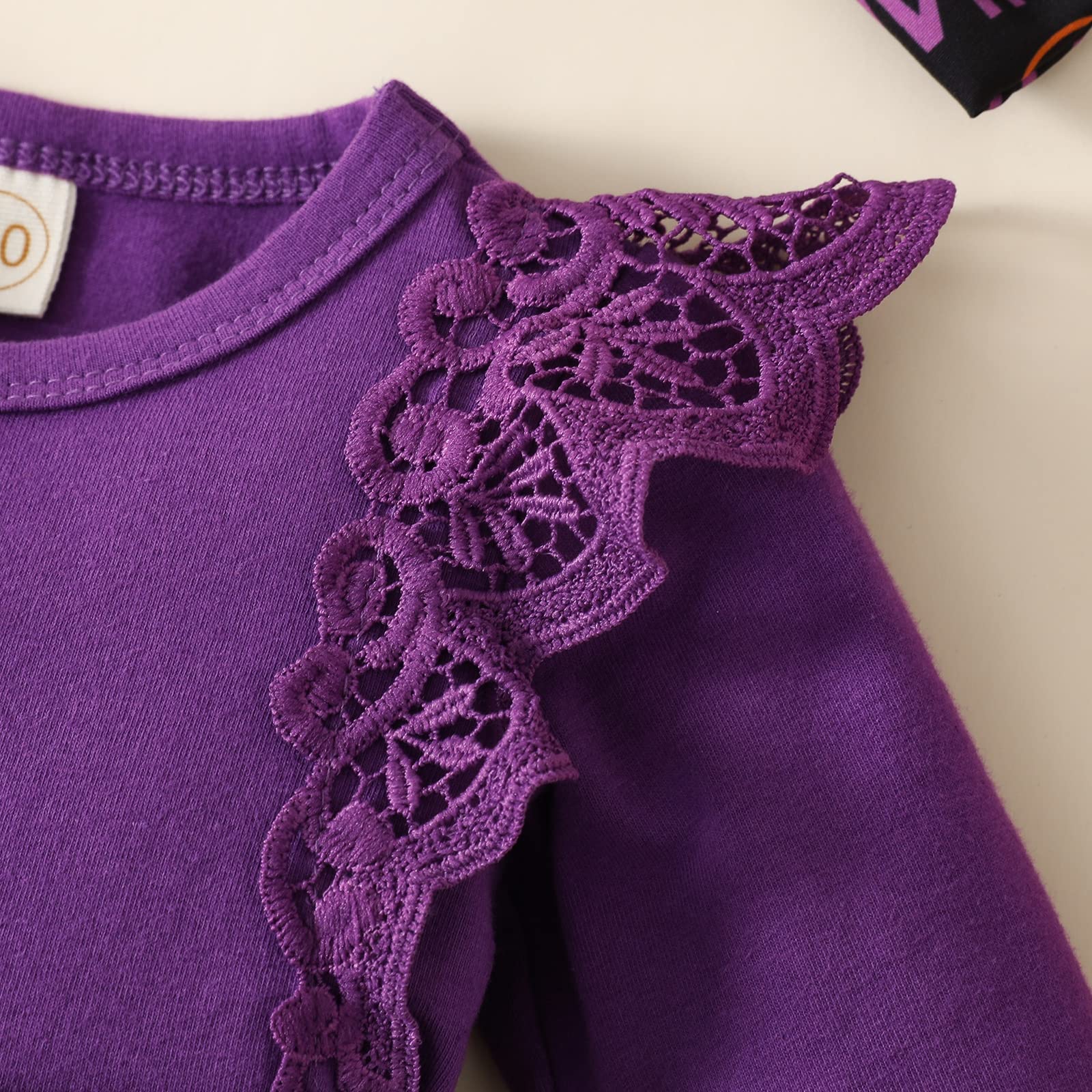 Guodeunh Newborn Baby Girl Halloween Outfits Ruffle Pumpkin Romper Tunic Drees Long Sleeve Skirt Set+Headband Fall Winter Clothes(Purple- Black,12-18 Months)