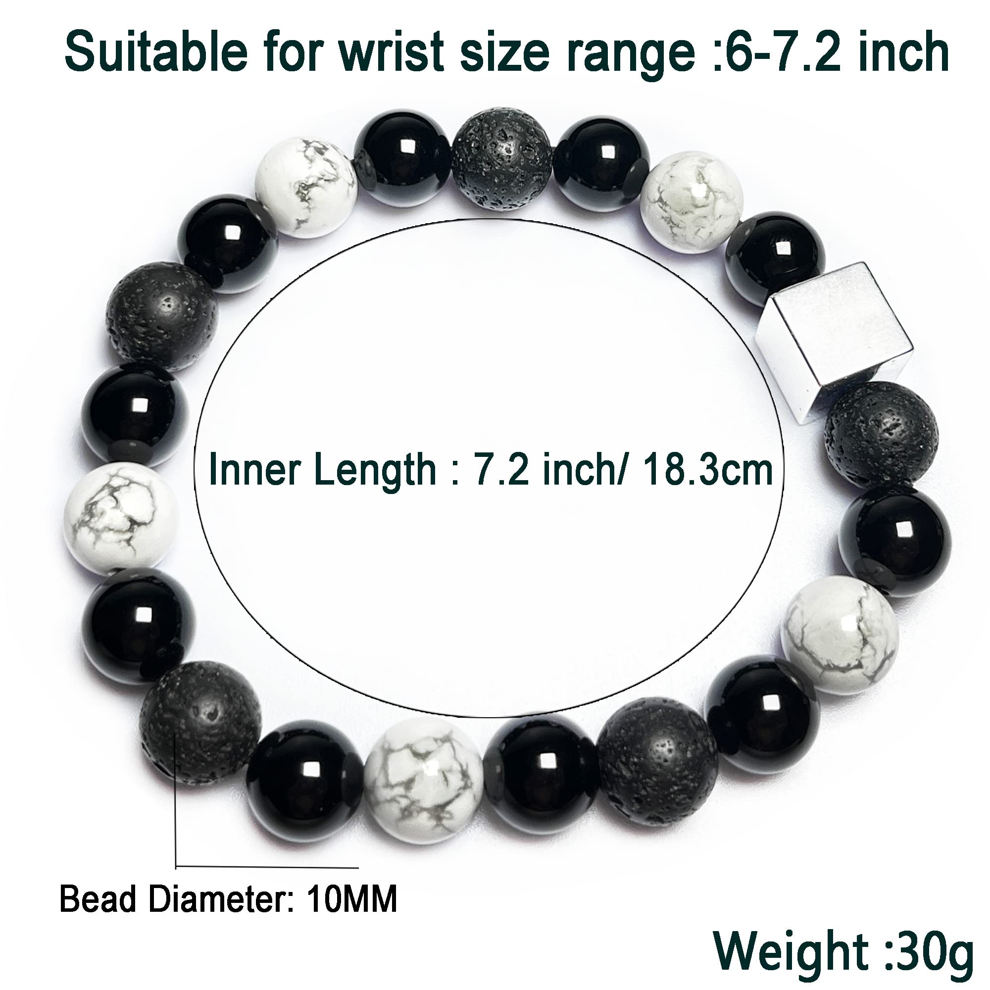 JYUCING Crystal Bracelet Natural Black Onyx Lava White Turquoise Stone Healing Stone 10mm Round Beads Hematite Square Bead Stretch Bracelet 7.2" Unisex
