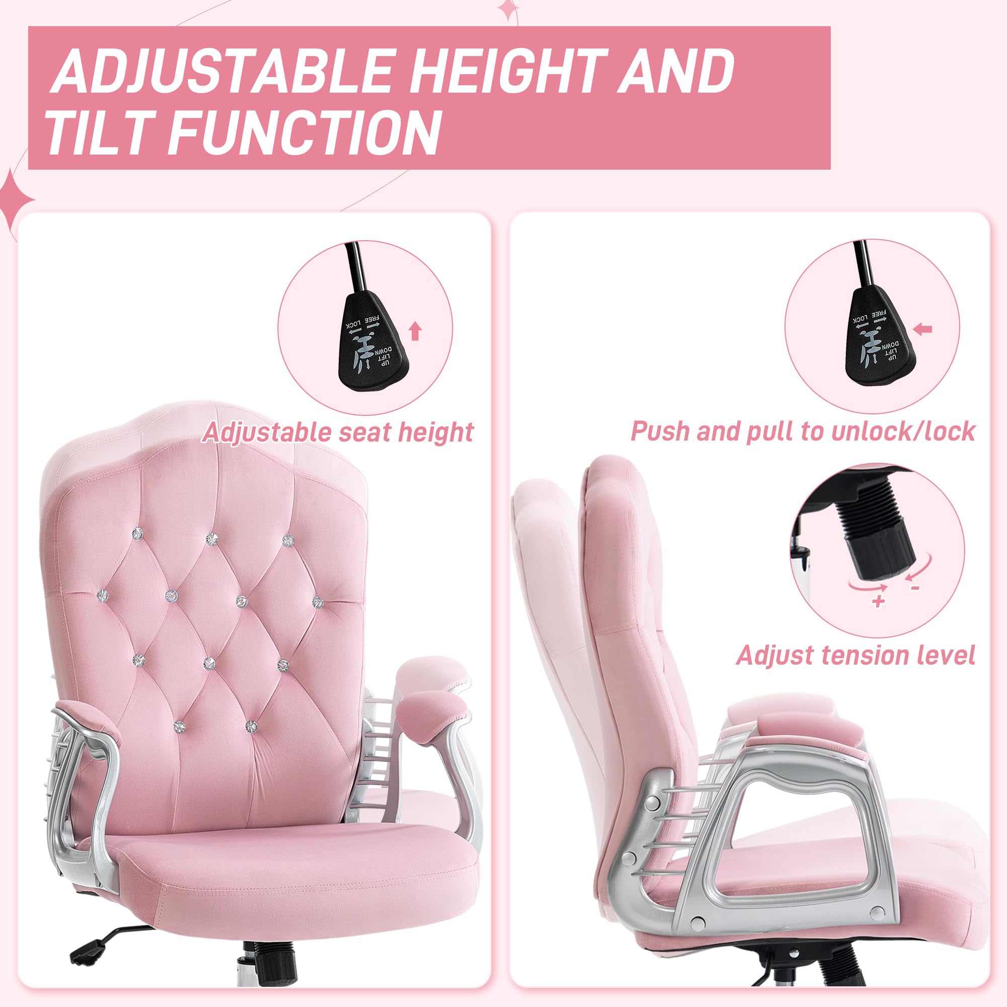 Vinsetto Home Office Chair, Velvet Computer Chair, Button Tufted Desk Chair with Swivel Wheels, Adjustable Height, and Tilt Function, Pink