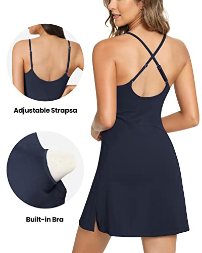 GYM RAINBOW Women's Built-in Bra Workout Dress Adjustable Straps Exercise Tennis Dress with Biker Shorts(#1 Navy,Medium)