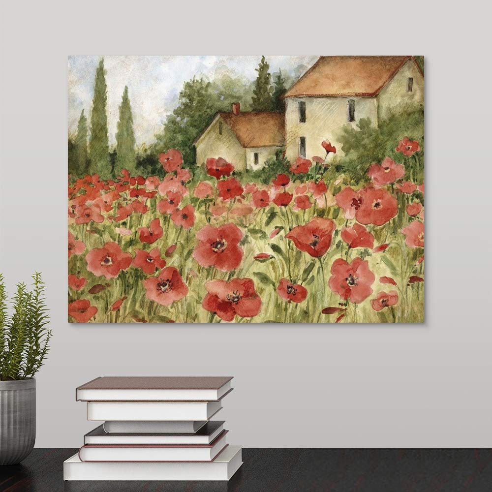 GREATBIGCANVAS Tuscan Poppy Landscape Canvas Wall Art Print, Countryside Home Decor Artwork, 40"x30"x1.5"