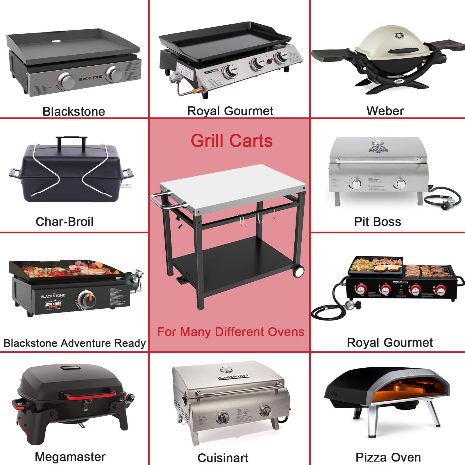 GLOWYE Grill Carts Outdoor with Wheels Portable Griddle Stand Pizza Oven Table, Multifunctional Double-Shelf Blackstone Cart Griddle Table for Blackstone, Ninja Grills, Black