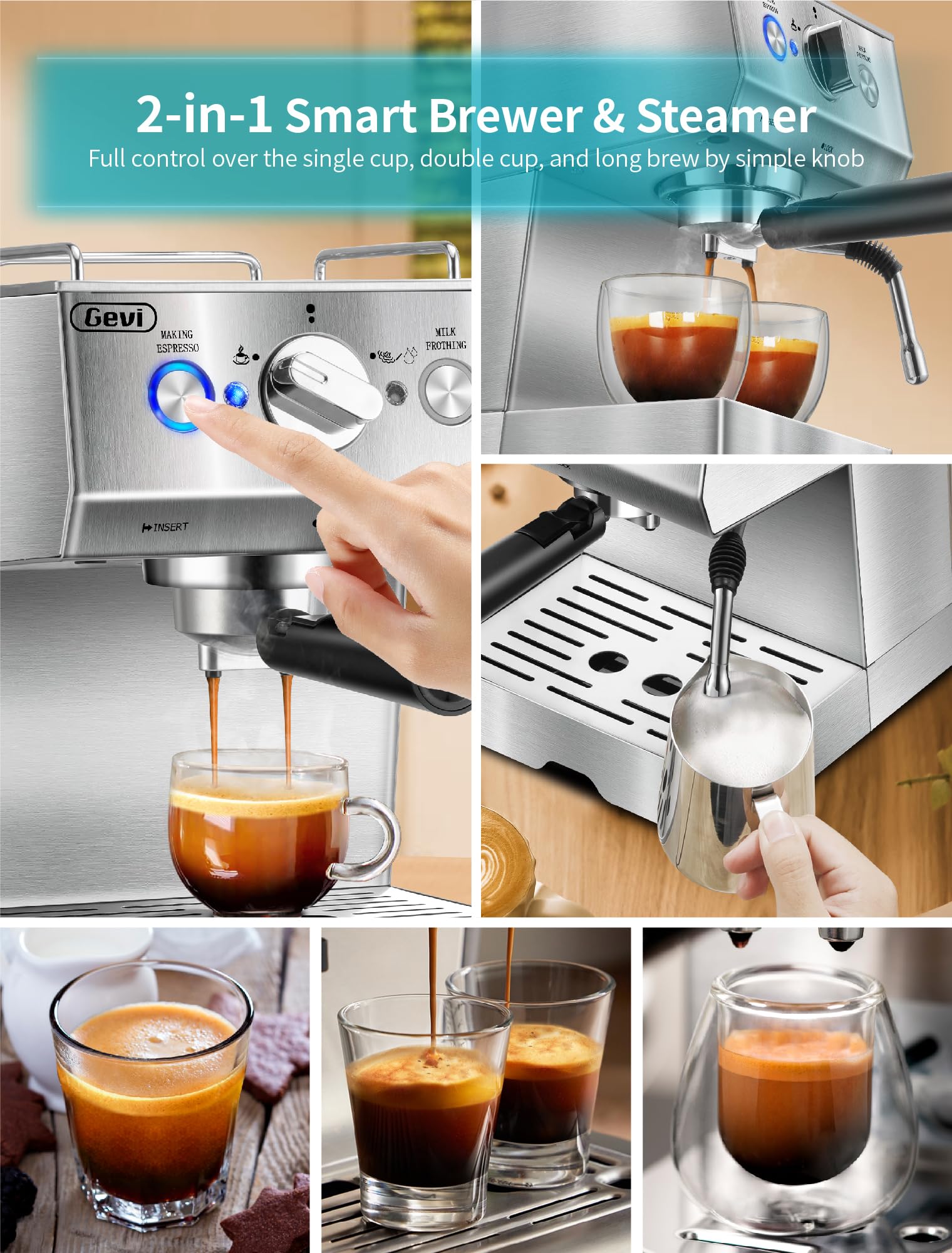 Gevi Espresso Coffee Machine,Espresso Machine with Steamer, Compact Semi Espresso Maker with Milk Frother for Home, Stainless Steel Cappuccino Machine for Cappuccino, Latte, 1100W