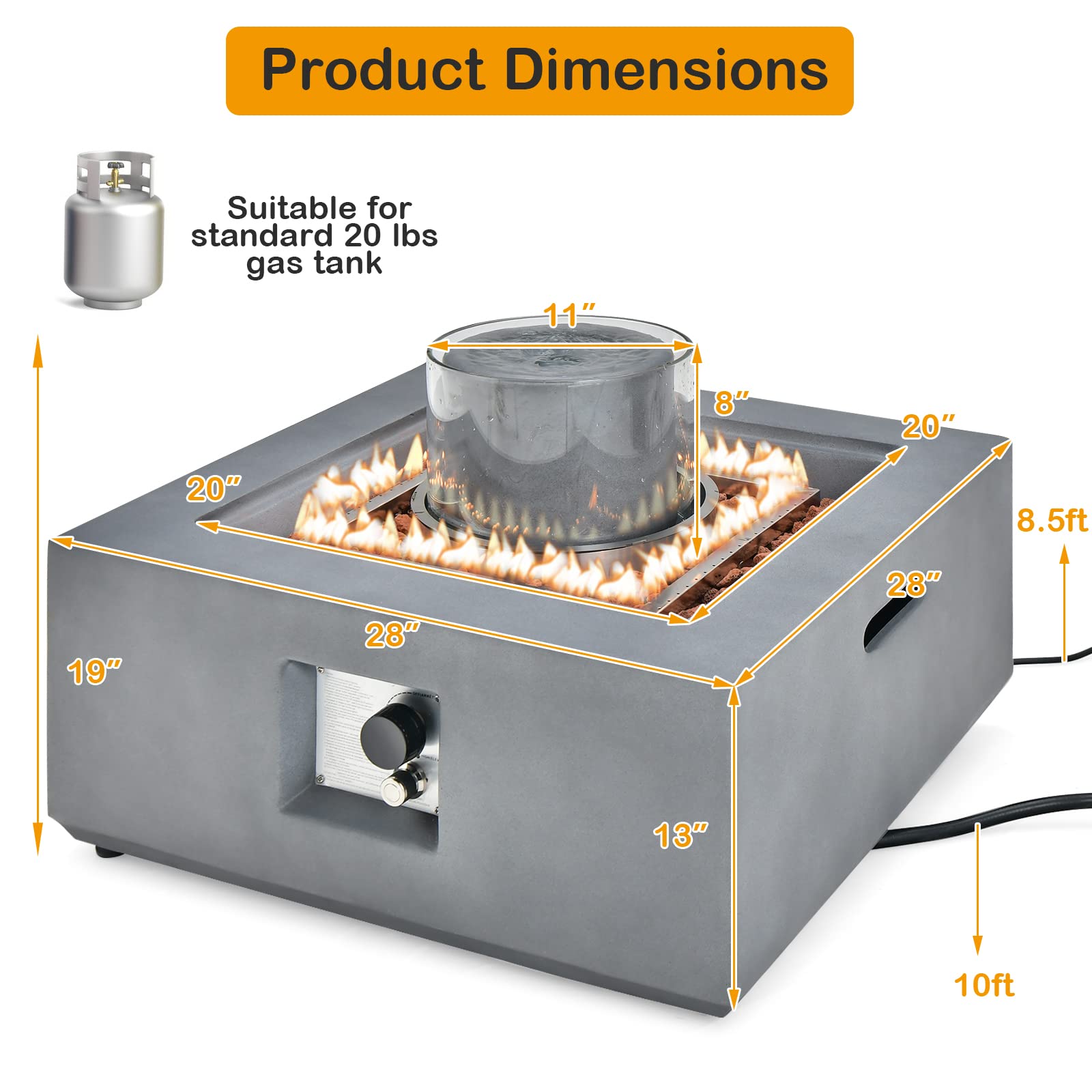 Giantex Fountain Fire Pit Table - 50,000 BTU Square Fire Table w/Middle Fountain, Wind Glass, Stainless Steel Burner, PVC Cover, CSA & UL Certificated, 28β Firepit for Patio, Poolside, Backyard,Gray