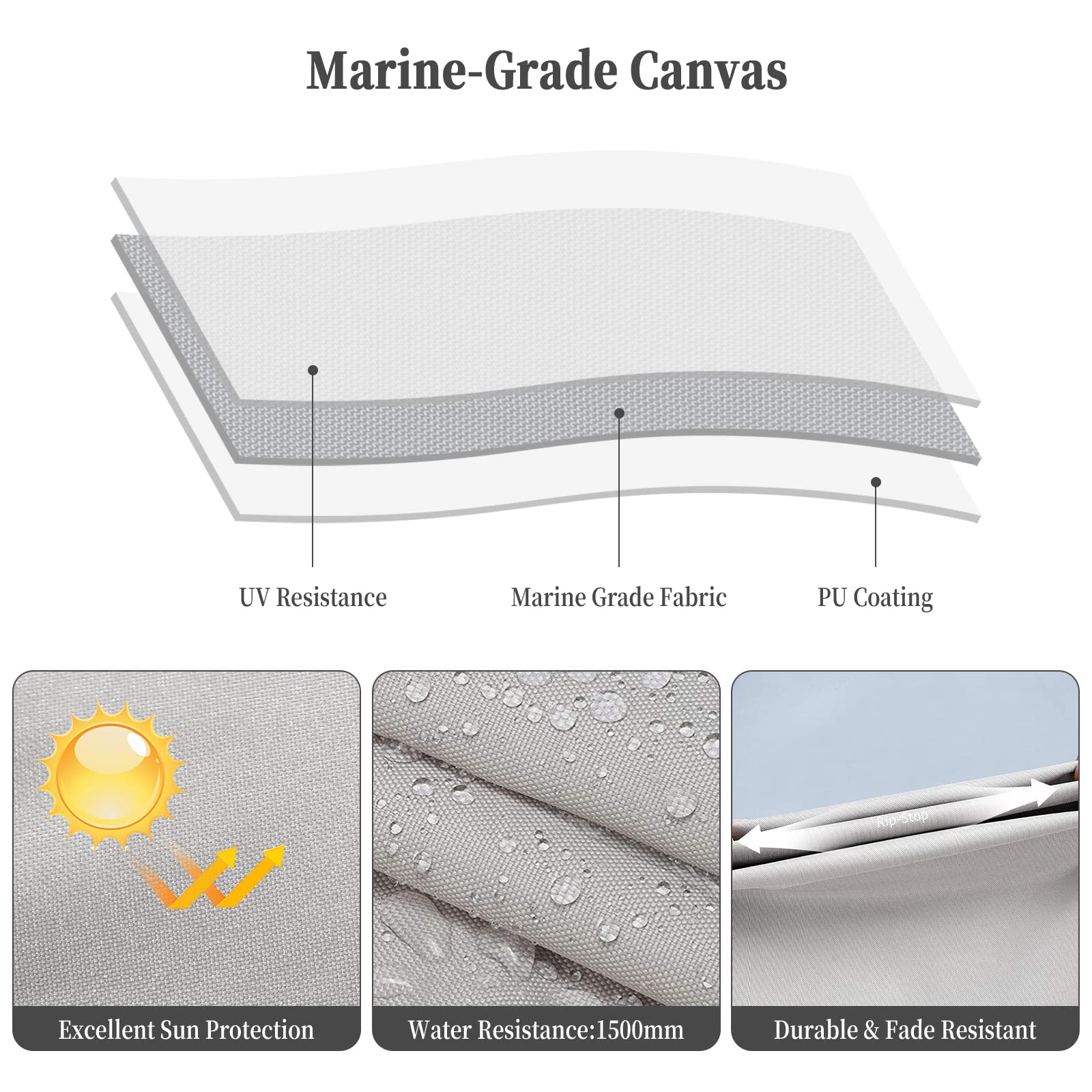 MAROUTE 3 Bow Bimini Top Boat Cover with 1” Aluminum Alloy Frame, Includes 2 Straps, 2 Adjustable Rear Support Poles with Zippered Storage Boot and PU Coating Canvas (6'L x 46" H x 67"-72" W, Grey)