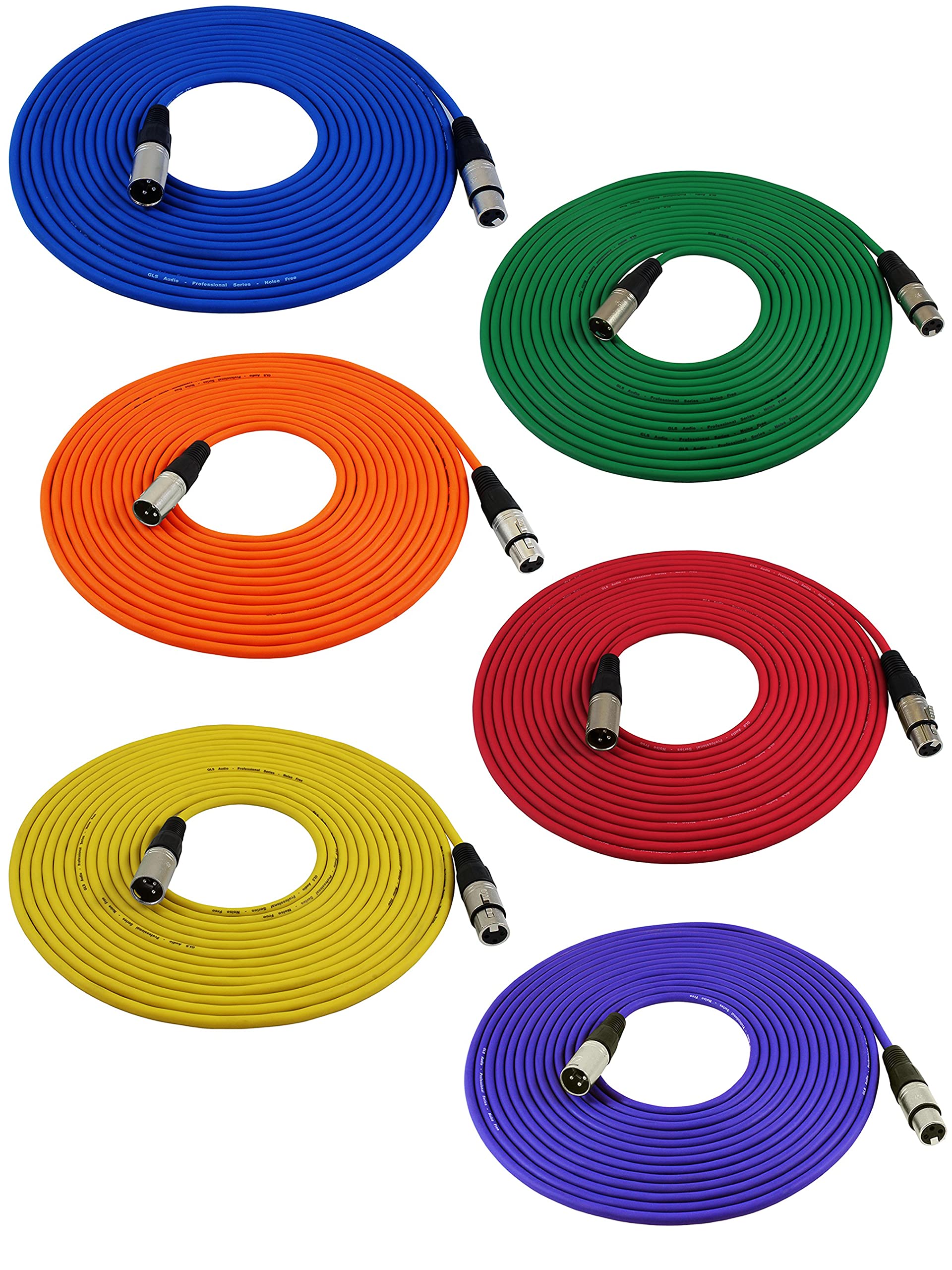 GLS Audio 25ft Mic Cable Cords - XLR Male to XLR Female Colored Cables - 25' Balanced Mike Cord - 6 PACK