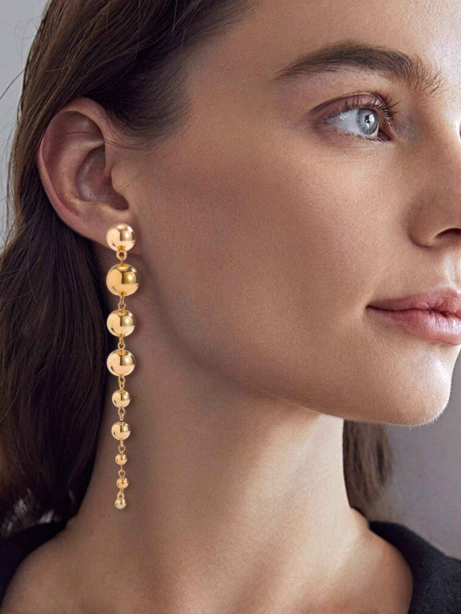 Gold Ball Dangle Earrings Link Round Ball Drop Earring for Women Statement Long Chain Ball Earrings Jewelry (Gold)