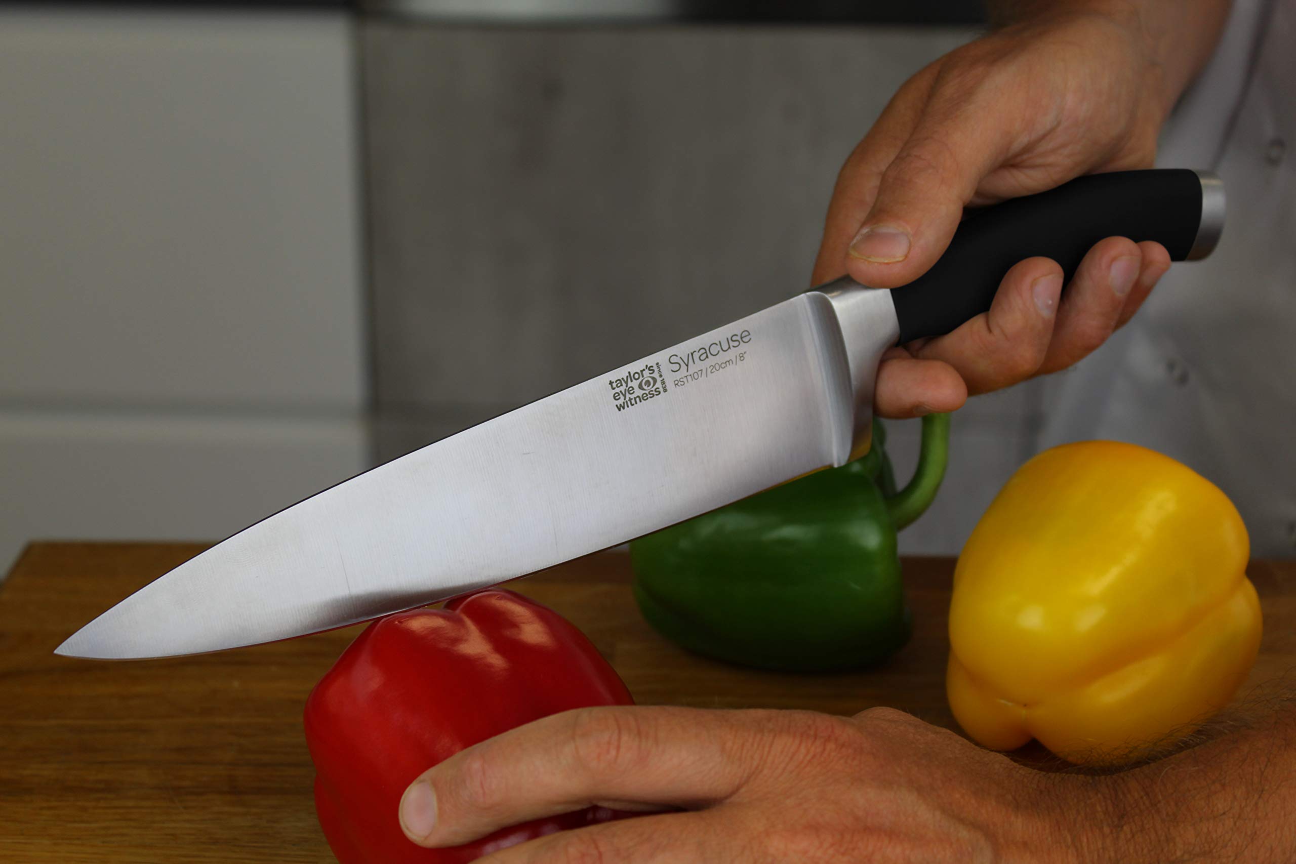 Taylors Eye Witness Syracuse Chefs/Cooks Kitchen Knife - Professional 20cm/8 Inch Cutting Edge, Multi Use. Precision Ground, Razor Sharp, Ultra Fine Blade. Soft Textured Grip Matte Black Handle.