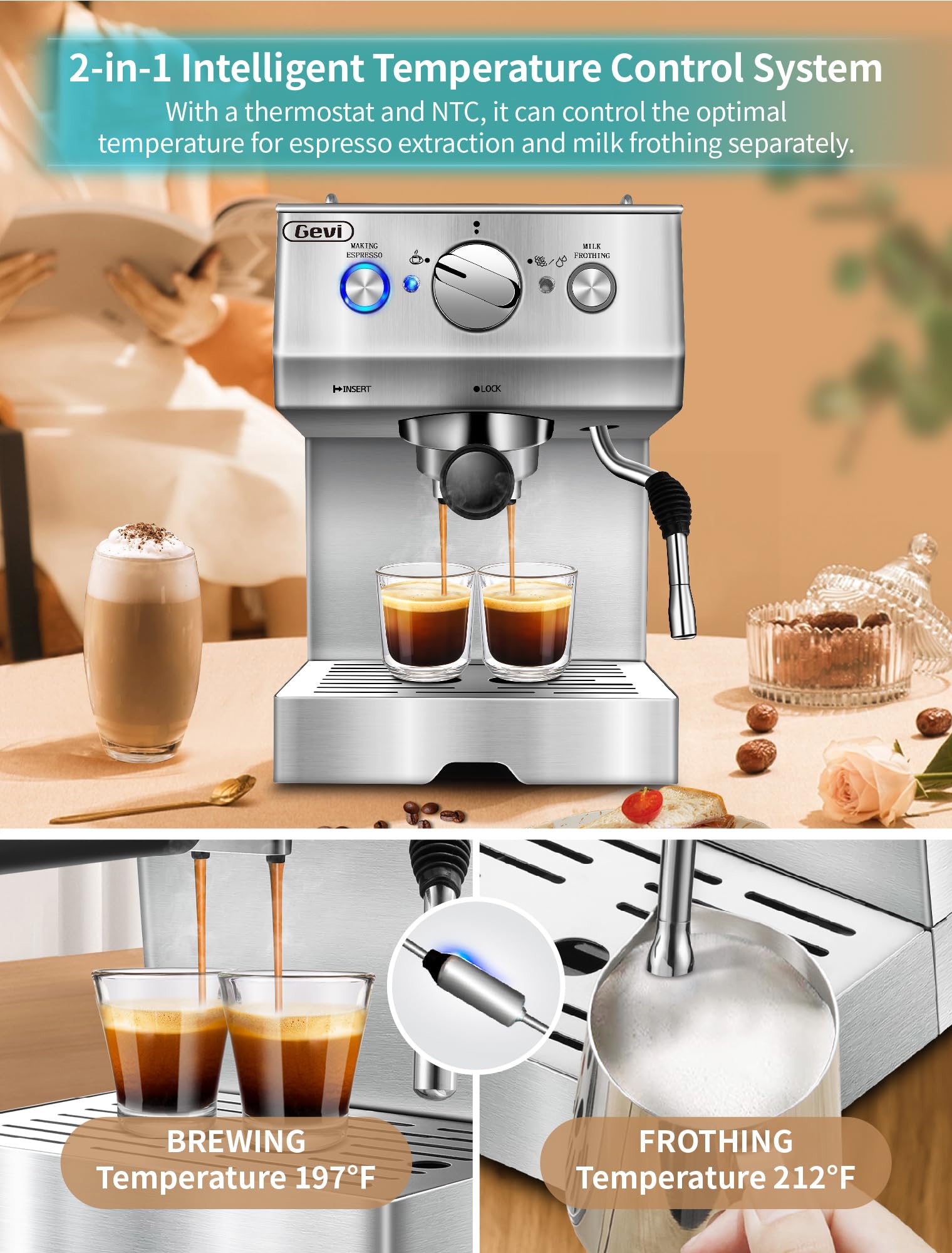 Gevi Espresso Coffee Machine,Espresso Machine with Steamer, Compact Semi Espresso Maker with Milk Frother for Home, Stainless Steel Cappuccino Machine for Cappuccino, Latte, 1100W