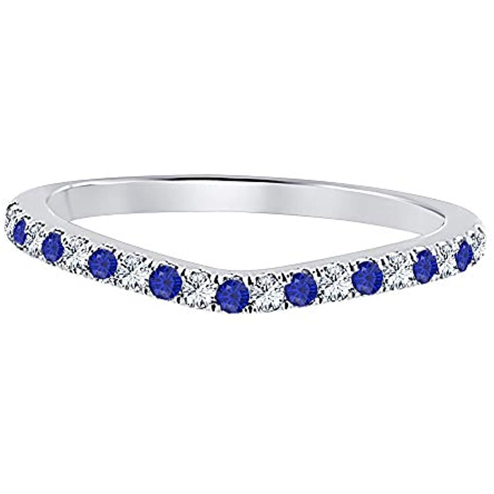 Half Eternity Round Cut Created- Blue Sapphire & Cubic zirconia 14k White Gold Over Sterling Silver Wedding curved Band Ring Women's Promise Ring For Women's
