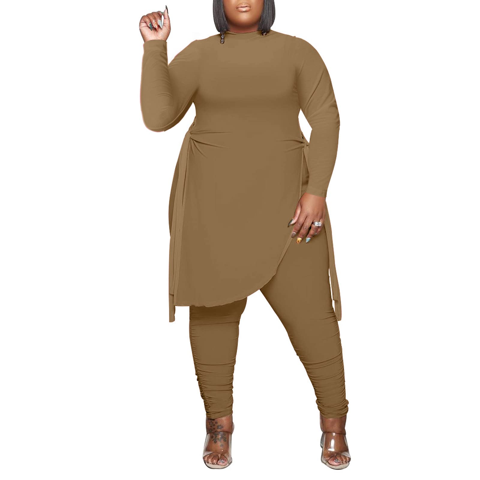 IyMoo Womens Plus Size 2 Piece Outfits - Long Sleeve Irregular Hem Top High Wiasted Pants Workout Set Sweatsuit Khaki XL