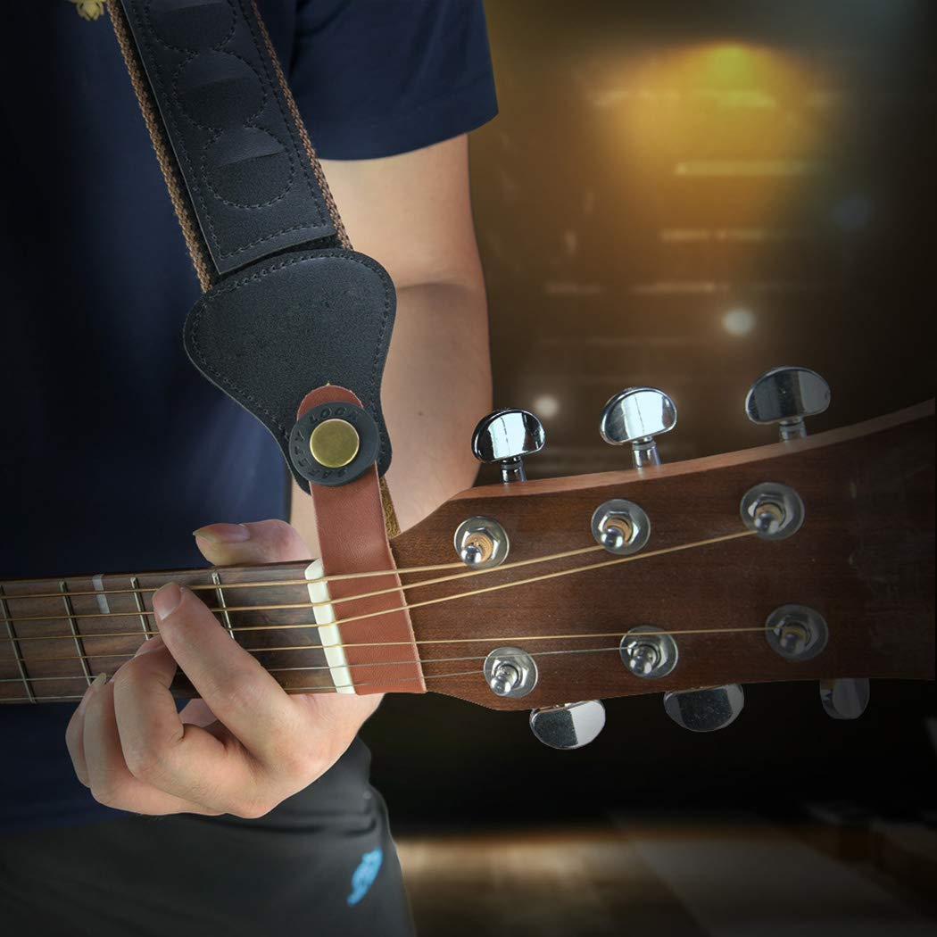 Guitar Neck Strap Leather Headstock strap Guitar Straps Lock Button Rubber Acoustic Electric Strap Blocks Accessories (Brown)