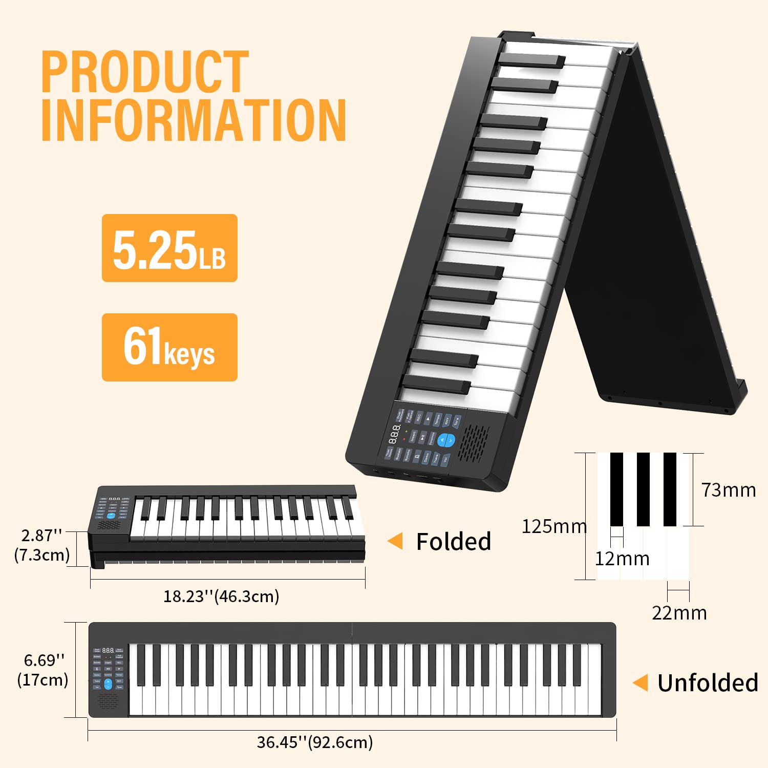 KONIX 61 Key Folding Piano Keyboard, Portable Touch Sensitive Foldable Keyboard Piano for Beginners Kids with MIDI, Speakers and Piano Bag