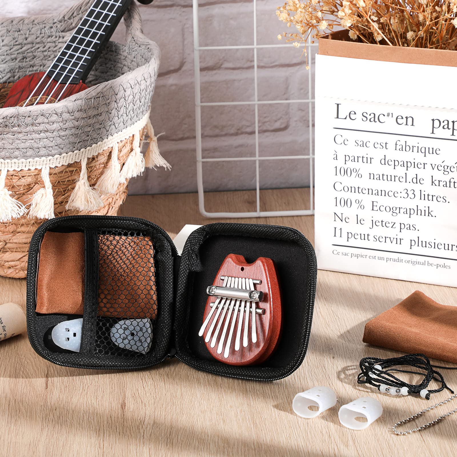 Konohan 24 Pcs 8 Keys Mini Kalimba Piano Set, Include 4 Mini Exquisite Finger Thumb Piano 4 Lanyard 4 Chains 8 Finger Protector 4 Cleaning Cloth for Kids Adults Beginners Gift (Cartoon Style)