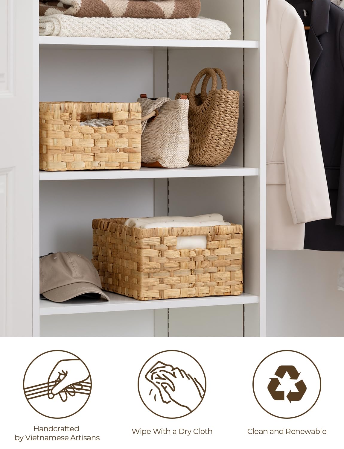 StorageWorks Water Hyacinth Wicker Baskets, Handwoven Rattan Baskets for Organizing, Decorative Wicker Baskets with Built-in Handles, Set of 2