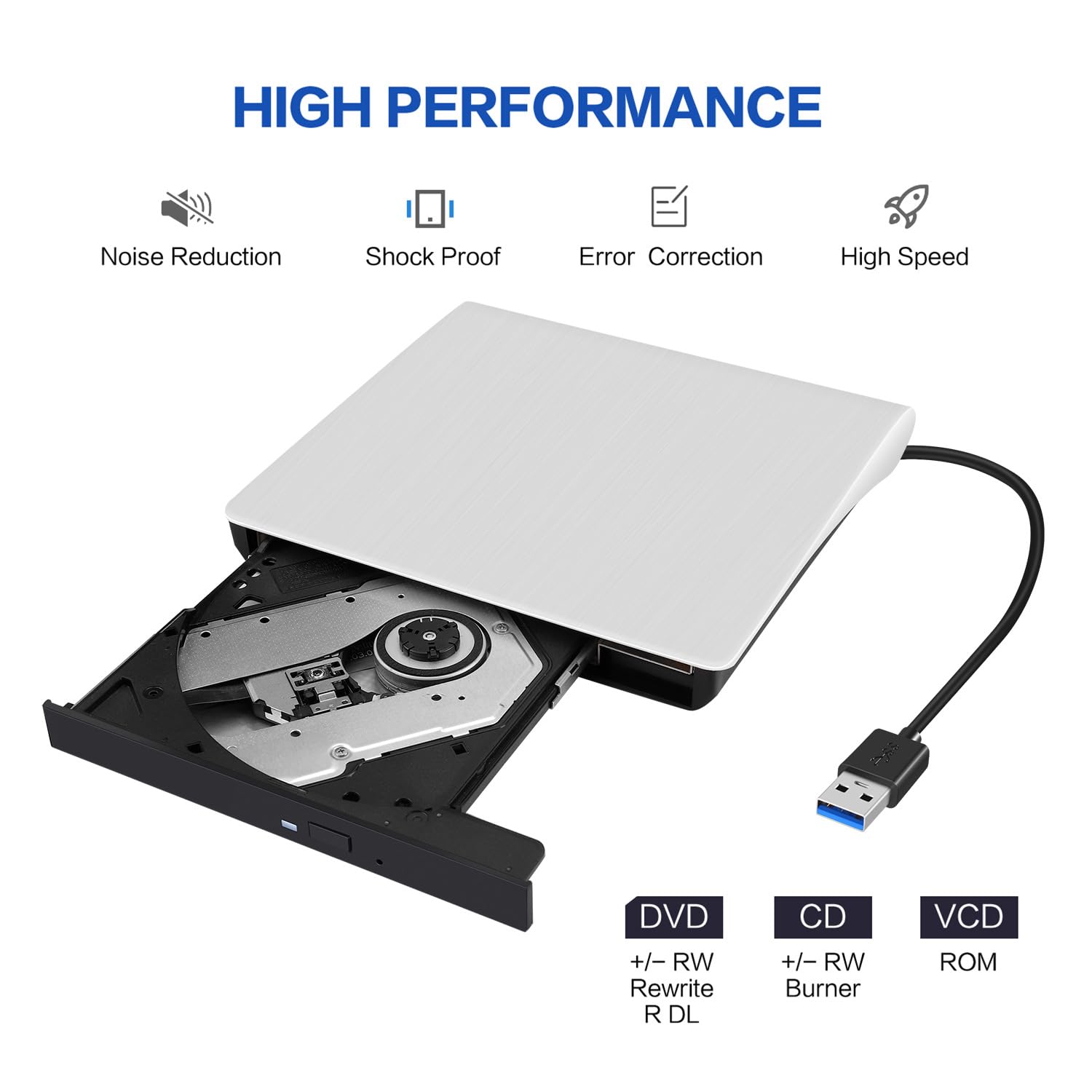 Hcsunfly External CD/DVD Drive for Laptop, USB 3.0 Ultra-Slim Portable Burner Writer Compatible with Mac MacBook Pro/Air iMac Desktop Windows 7/8/10/XP/Vista (White)