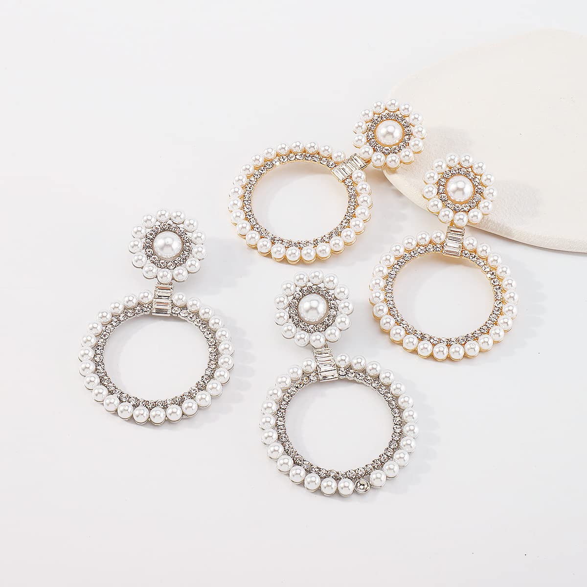 Jumwrit Pearl Hoop Earrings Big Circle Dangle Drop Earrings Rhinestone Round Stud Earrings Statement Pearl Earrings for Women Girls(Silver)