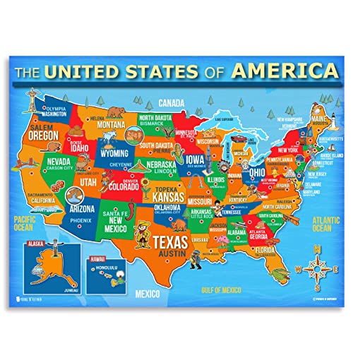 USA and World map poster 2 pack for kids Laminated large illustrated Light blue Young N Refined 15x20)