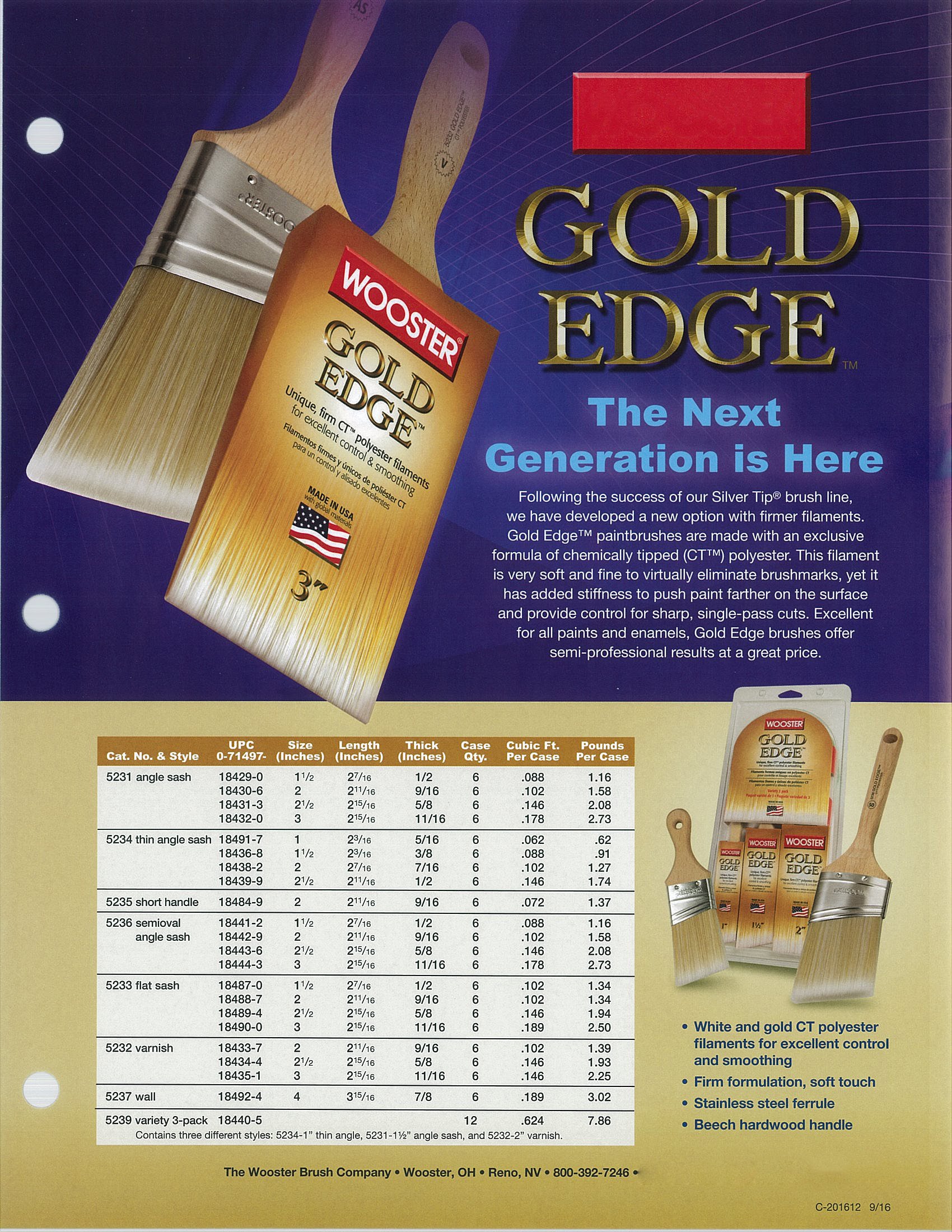 Wooster Series 5239 Gold Edge Wall Brush 3 Pack, 1 Inches