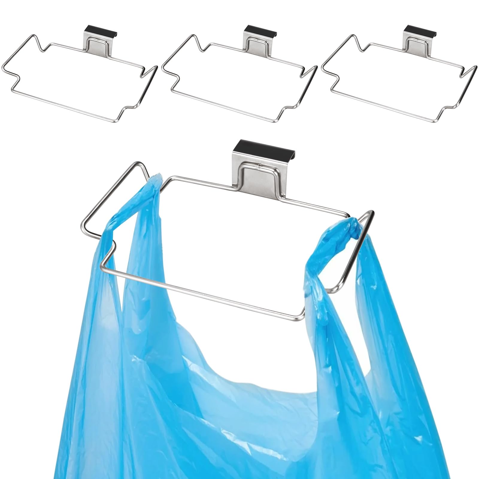 WOPPLXY 4 Pcs Stainless Steel Trash Bag Holder for Kitchen Cabinets Doors and Cupboards, 9.25 x 6 x 1.77 Inch Under Sink Bag Holder for Plastic Bags, Garbage Bag Holder for Cabinet