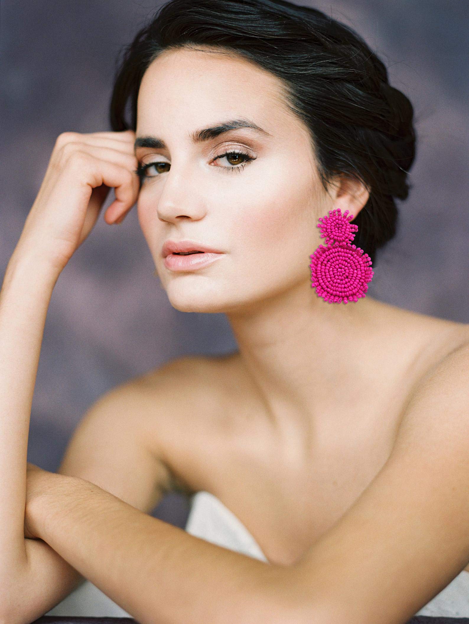 GLBCC Statement Drop Earrings for Women - Bohemian Beaded Round Dangle Earrings Idea Birthday Gifts for Mom Wife Friend (hot pink)