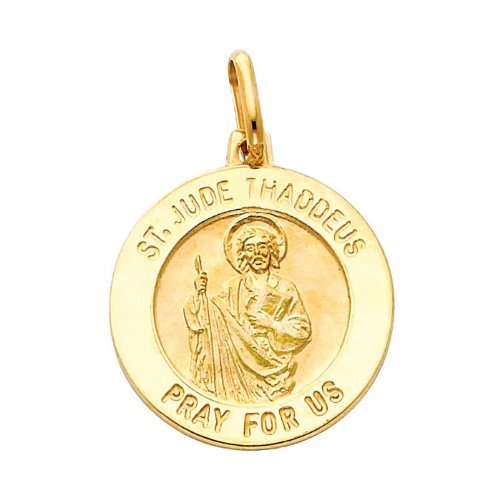 GM Fine Jewelry 14k Yellow Gold Religious Saint Jude Thaddeus Medal Charm Pendant with 1.5mm Flat Open wheat Chain Necklace - 18"