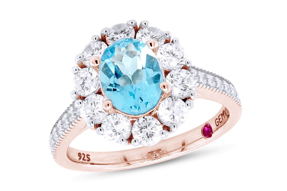 GEMVIO Collection 3 1/2 CT Cluster Halo Design, 6X8MM Oval Blue Topaz & Cubic Zirconia Ring 14k Yellow Gold Over Sterling Silver Engagement Wedding Promise Ring For Womens (3.50Cttw) Ring Size-7.5