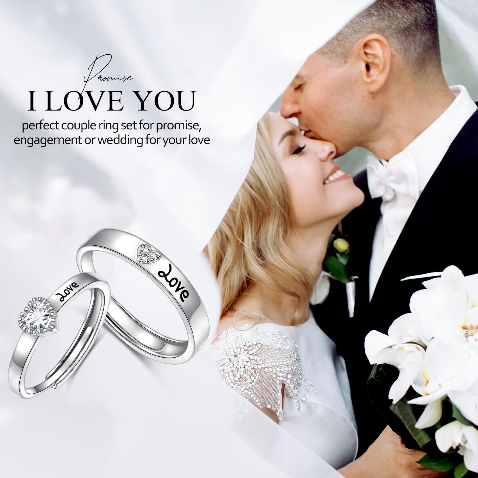 Heart Promise Rings for Couples I Love You 2PCS 925 Sterling Silver Adjustable Matching Rings for Couples His and Her Wedding Rings Set